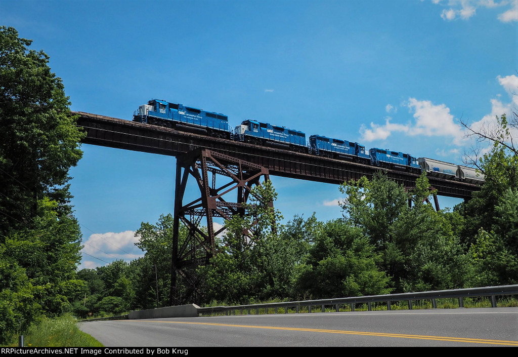 GMTX 2331 leads northbound VTR detour freight over the high trestle over the Sugar River in ...